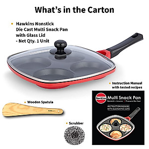 Hawkins 30 cm Die-Cast Multi Snack Pan with Glass Lid, Nonstick Mini Uttapam Tawa, Pancake Pan, Red (DCMS30G)