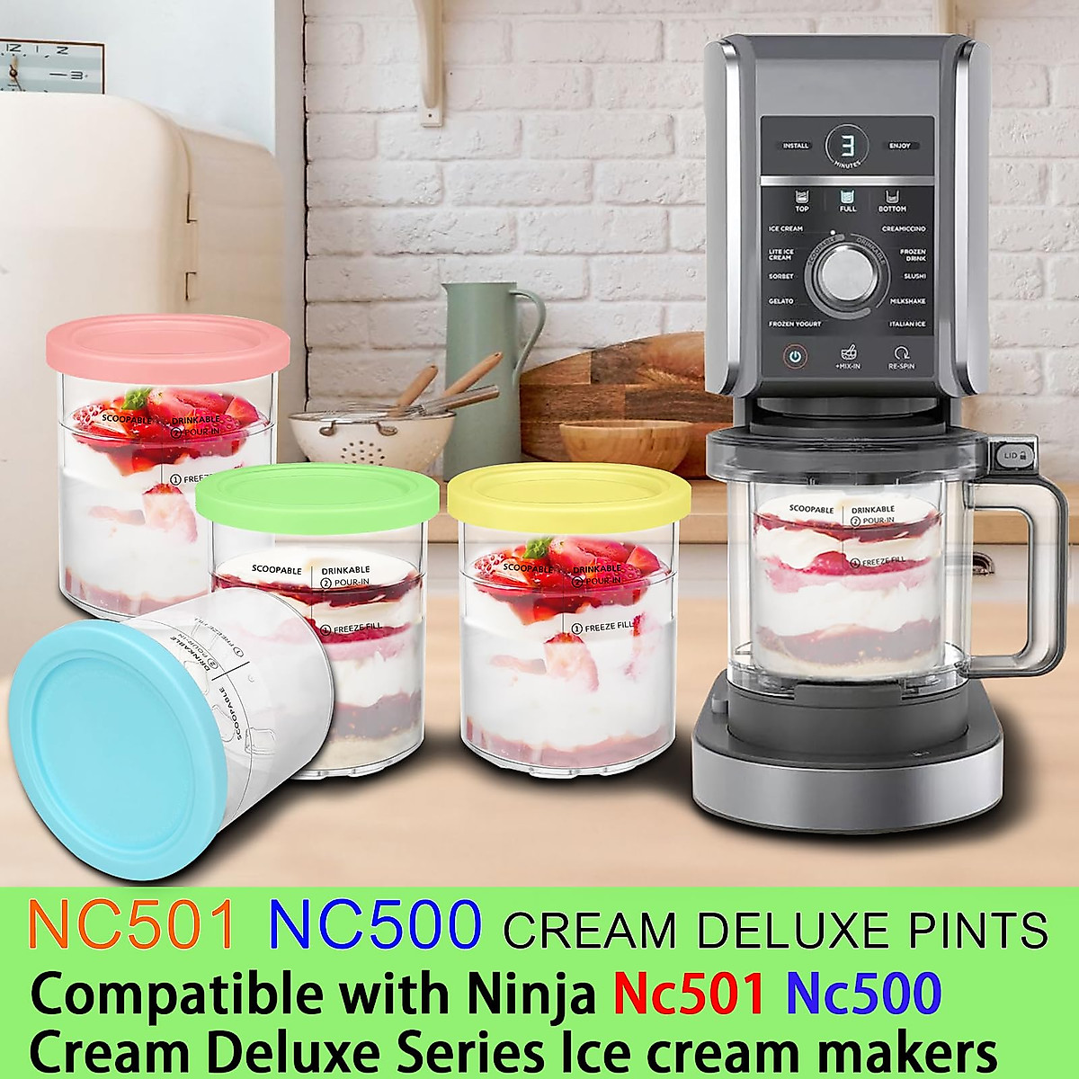 RYSIMWU For Ninja Creami Deluxe Pints and Lids 4 Pack, NC500 NC501 Ice Cream Pint fit for Ninja Delux Ice Cream Maker, 24 oz. food container for Ninja Creami Deluxe,Dishwasher Safe. (4)