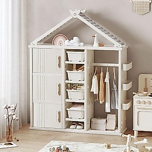 Portable Kids Wardrobe Closet, Large Baby Wardrobe Closet Dress Up Rack For Little Girls, Open Wardrobe Armoire Closet, Kid Closet Organizer With Hanging Rod, Children Clothes Storage Cabinet (White)