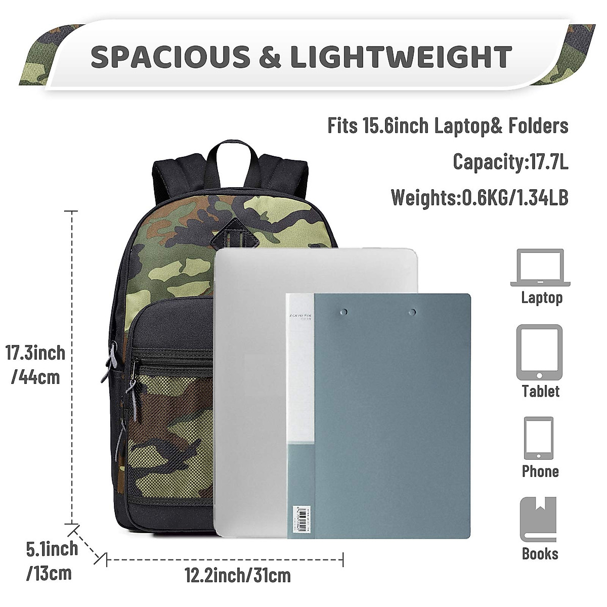 VASCHY School Backpack, Water Resistant Lightweight Casual Backpack for Men Women with Padded Laptop Sleeve Black & Camo