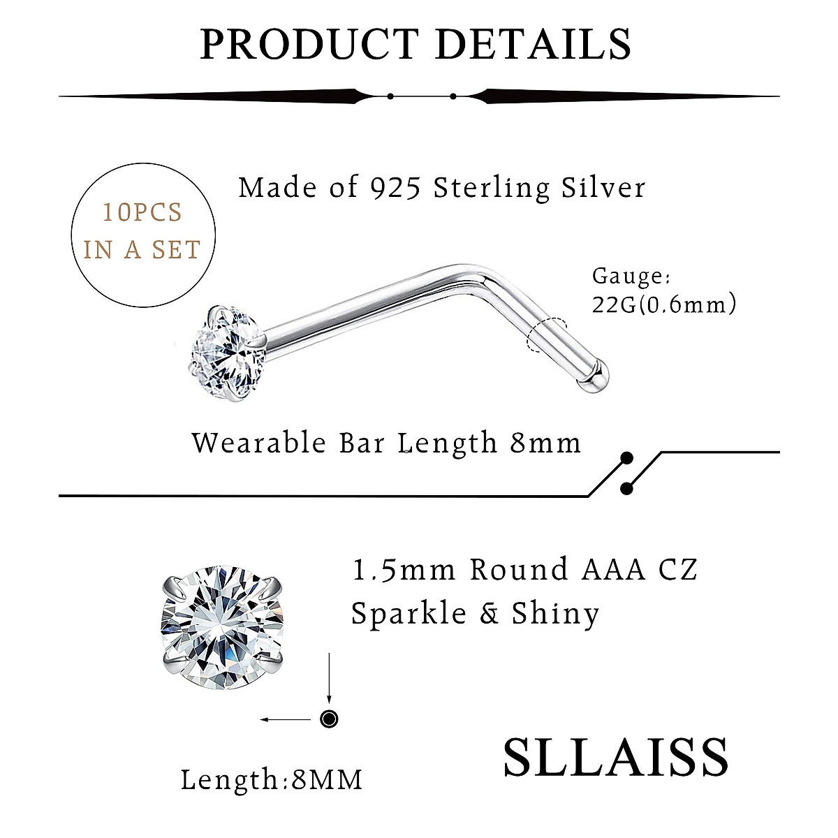 Sllaiss 10Pcs 22G Sterling Silver Small L Shape Nose Ring Studs for Women Mens Czech Crystal Curved Nose Piercings Set Body Jewelry Hypoallergenic 1.5mm
