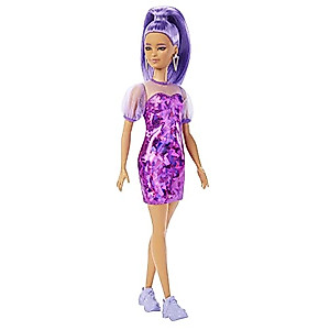 Barbie Fashionistas Doll, Petite, Long Purple Hair & Purple Metallic Dress, Sheer Bodice & Sleeves, Purple Sneakers, Toy for Kids 3 to 8 Years Old