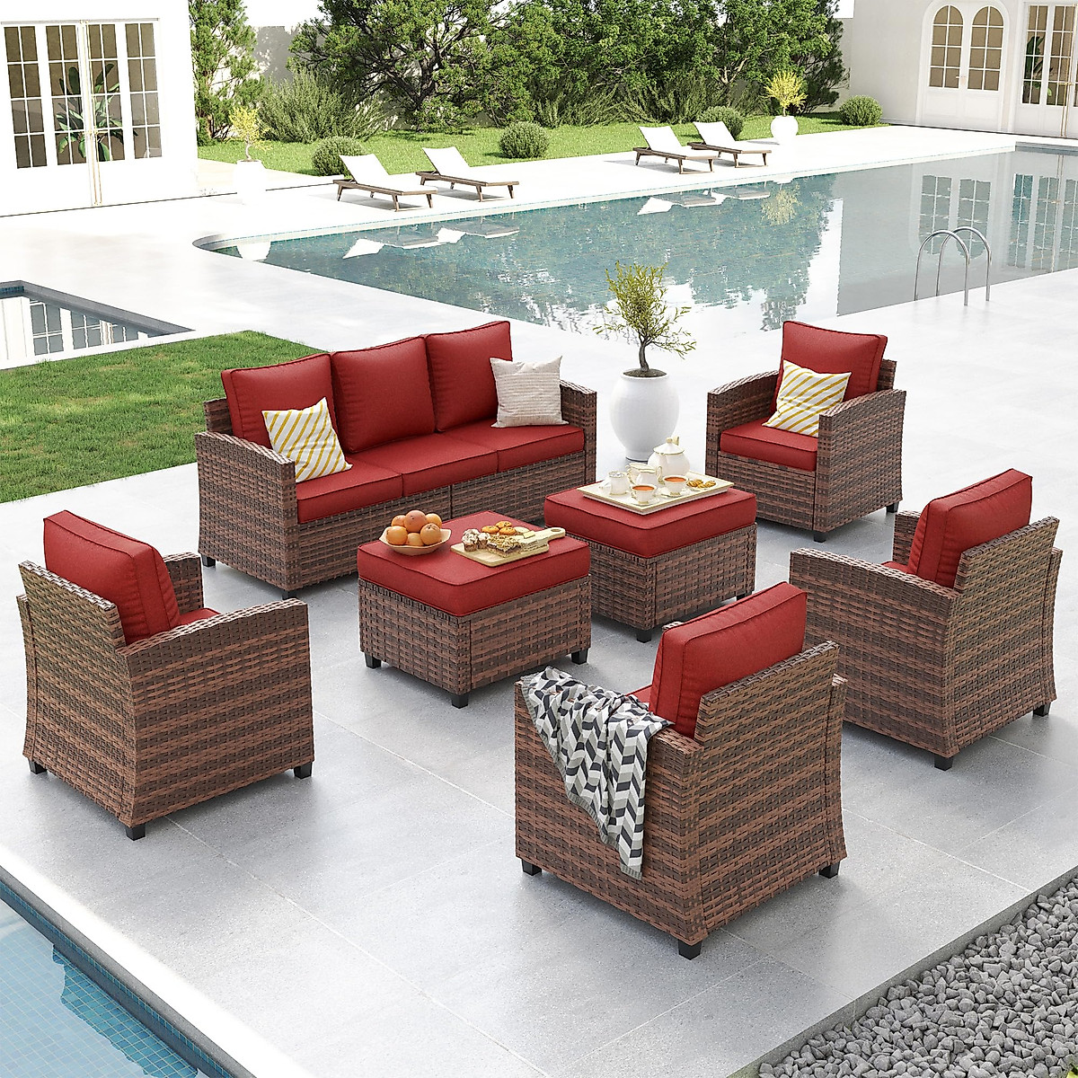 VONZOY Patio Furniture Set, 7 Pieces Outdoor Sectional Sofa Couch with Chairs, Ottomans and Comfy Cushions, All Weather Wicker Rattan Patio Conversation Set for Garden Backyard Wine Red