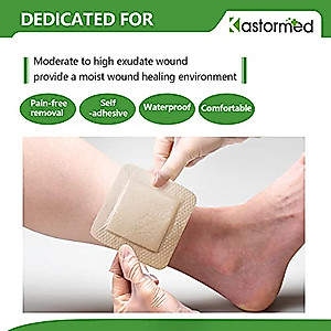 kastormed Silicone Adhesive Foam Dressing with Gentle Border 4''x4'' 10 Pack, High Absorbency Foam Wound Bandage for Bed Sore, Leg Ulcer, Diabetic Ulcer