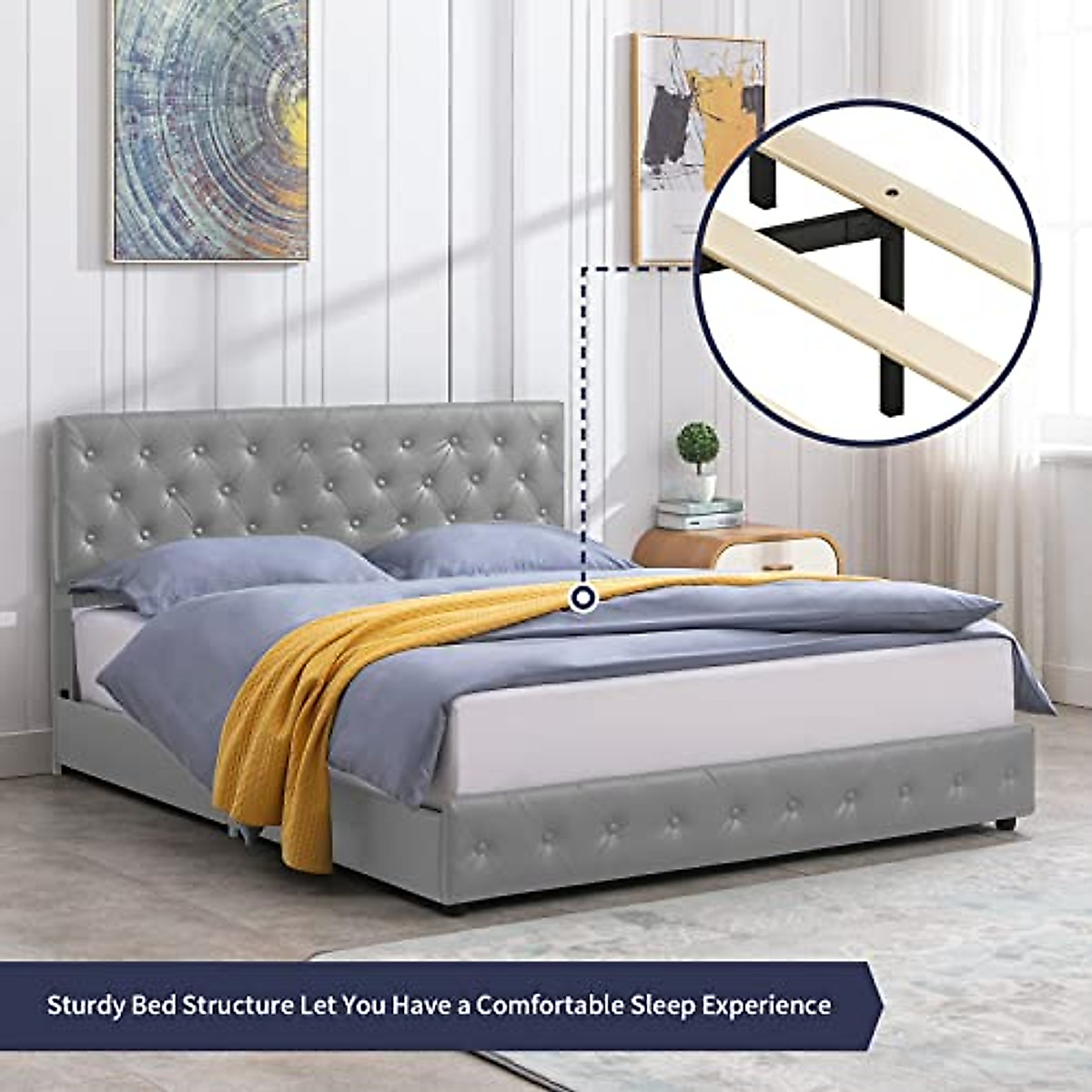 ZAFLY Upholstered California King Size Bed Frame with Tufted Headboard,PU Leather Platform Cal King Bed Frame with 4 Storage Drawers,Wooden Slats Support,No Box Spring Needed,Easy Assembly (Grey)