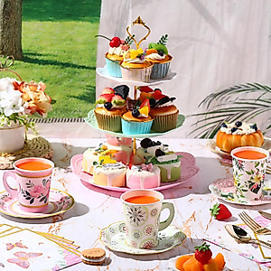 Layhit 83 Pcs Tea Party Decorations Include Disposable 12 Sets 9 Oz Paper Tea Cups with Handle and Saucers Floral Napkins 3 Tire Cake Stand Tea Serving Platter Tableware for Girl's Birthday