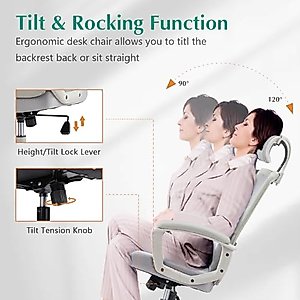 NEWBULIG Home Office Desk Ergonomic Mesh High Back Computer Height Adjustable Swivel Task Chair with Headrest and Flip-up Armrests, Grey, 16.5" D x 21" W x 47" H