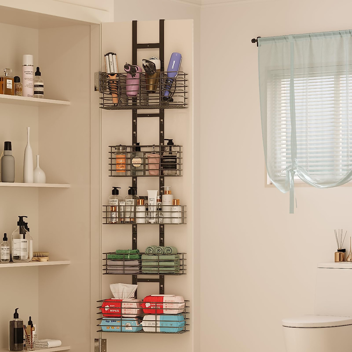 5-Tier Over The Door Bathroom Organizer - Hair Dryer Holder - Hair Tool Organizer Adjustable Height, DIY Bathroom Storage Shelf Wall Mounted for Flat/Curling Irons, Hair Straighteners, Skincare