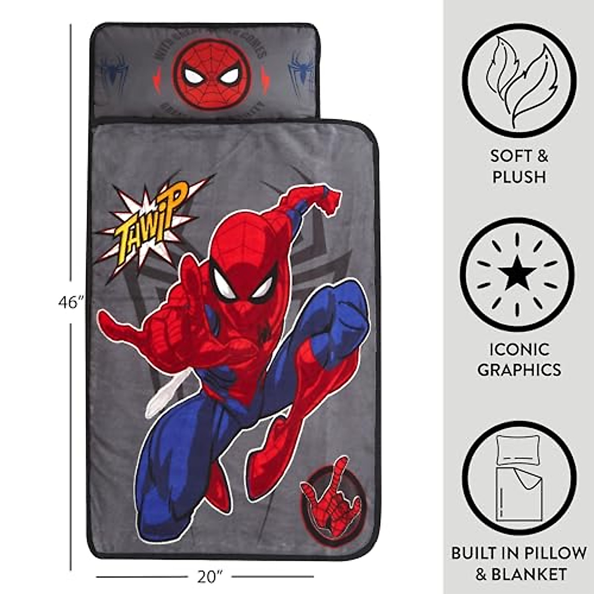Idea Nuova Marvel Spiderman Super Soft Toddler Quilted Nap Mat with Built in Pillow, 26"x46", Multicolor