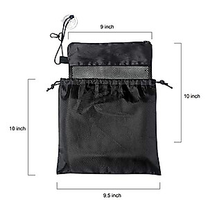 Yihoon Mesh Shower Tote Bag Caddy - Toiletry Dorm Gym Organizer 10.5”L x 9”H with Suction Cup and Zipper Drawstring Pouch 11”L x 10”H (Black, 2 in 1)