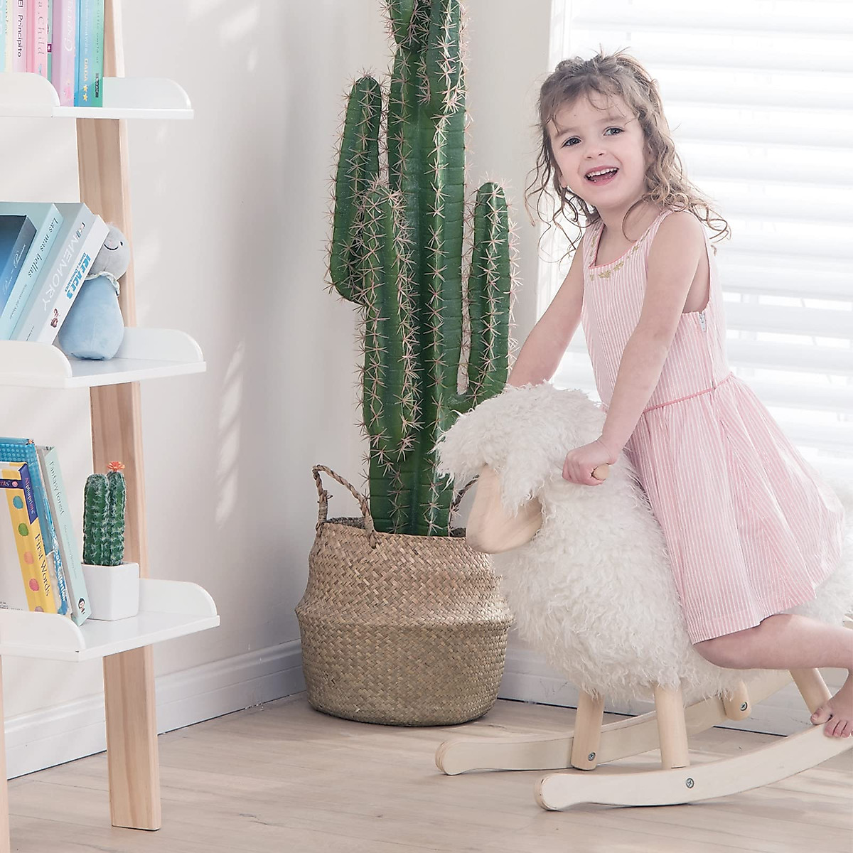 Rocking Horse for 1+ Year, Baby Rocking Horse for 1 Year Old,Wooden Cow/Yak Horse Rocking with Wicker Plush Fur for 2 Years Old(Bull Buffalo) (White Lamb)