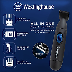 Westinghouse Men's All-in-One Beard Trimmer, Stainless Steel Dual Sided Blades, Adjustable Lengths, Includes Nose and Ear Trimmer Attachment, Portable and Travel Ready