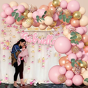122Pcs Baby Shower Decorations for Girl Rose Gold Pink Balloons Arch Garland Kit with Eucalyptus Boho Greenery Baby Girl Banner Peach Blush Gold Balloons for Baby in Bloom Gender Reveal Party Supplies