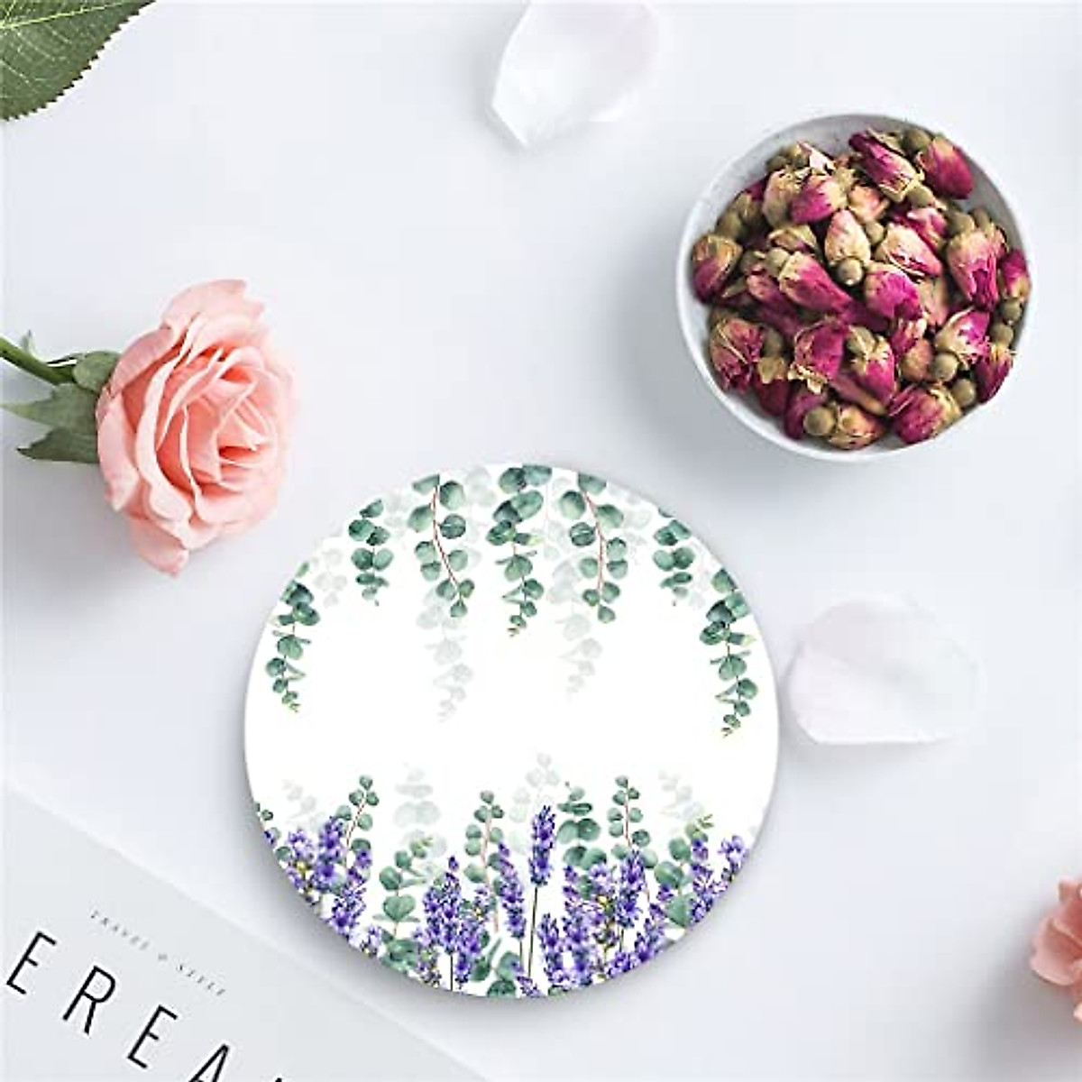 QUANJJ Leaves Lavender Flower Coasters Ceramic Set Round Absorbent Drink Coaster Coffee Tea Cup Placemats Table Mat (Color : D, Size : 8pcs)