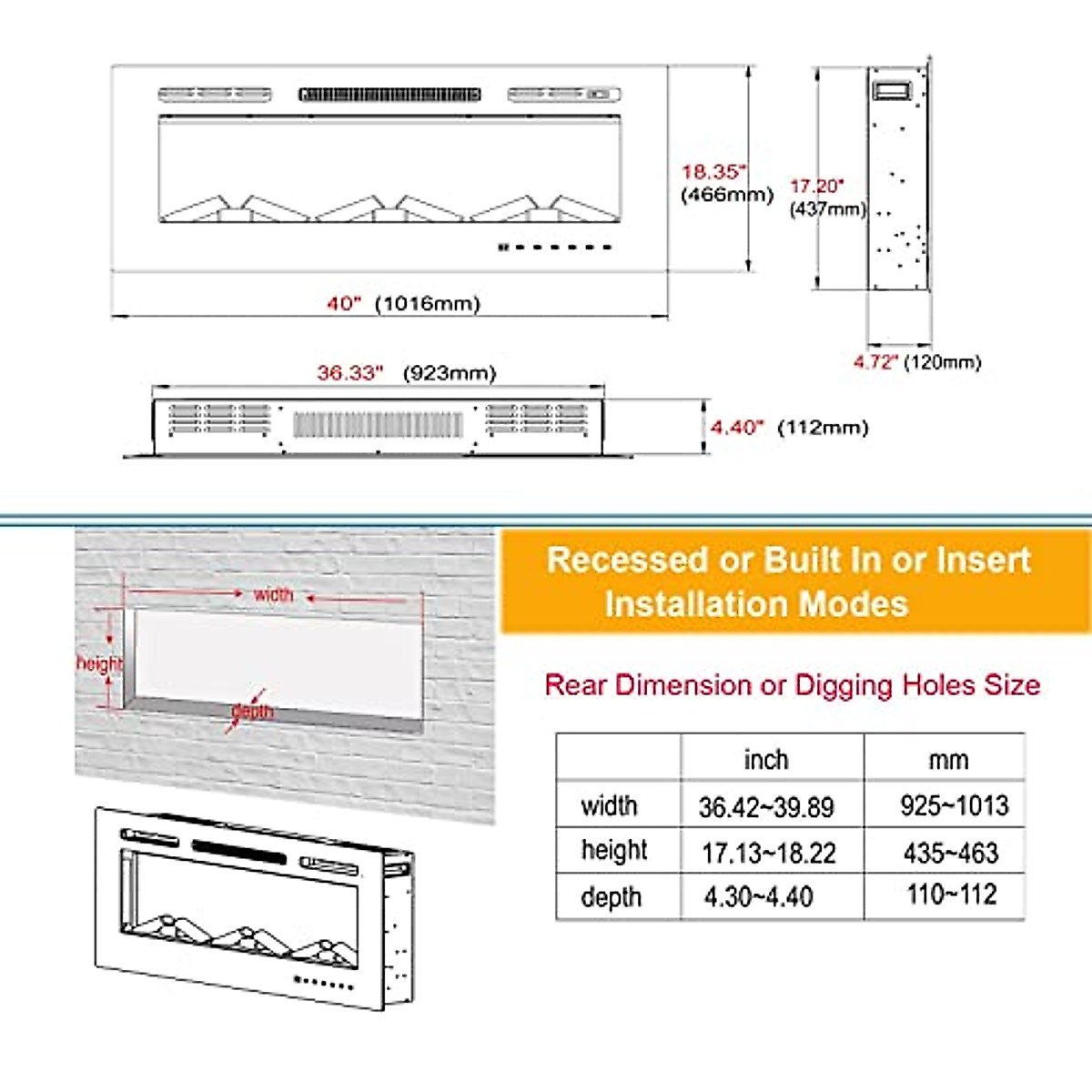 Joytain Electric Fireplace 40 inch Recessed and Wall Mounted, 750w/1500w Thin Wall Fireplace Heater with Timer, Remote Control, Adjustable Flame Colors for Living Room Bedroom, Black