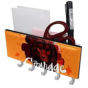 Lion Mail Holder Organizer and Key Hooks PU Front, Self Adhesive Key Rack with 5 Hooks Perfect for Entryway, Hallway，Bathroom ，Kitchen