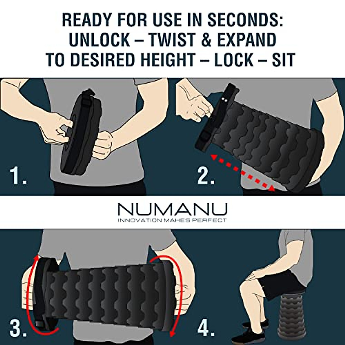 NUMANU New-Gen Collapsible Stool 2-Pack w/Carabiner Clips - Lightweight, Sturdy, Portable, Adjustable Telescoping Compact Folding Chair or Foot Rest for Travel, BBQ, Camping, Queue - Max 400lbs