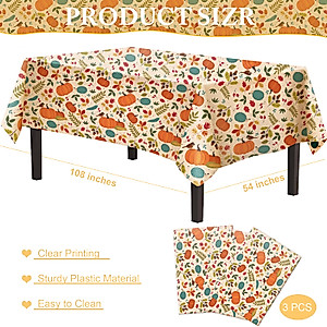 CAKKA Thanksgiving Tablecloth Plastic 54x108 Inch, 3 Pack Disposable Fall Pumpkin Table Cover, Orange Marple Leaf Rectangle Autumn Table Cloth for Fall Thanksgiving Day Table Decor Decoration
