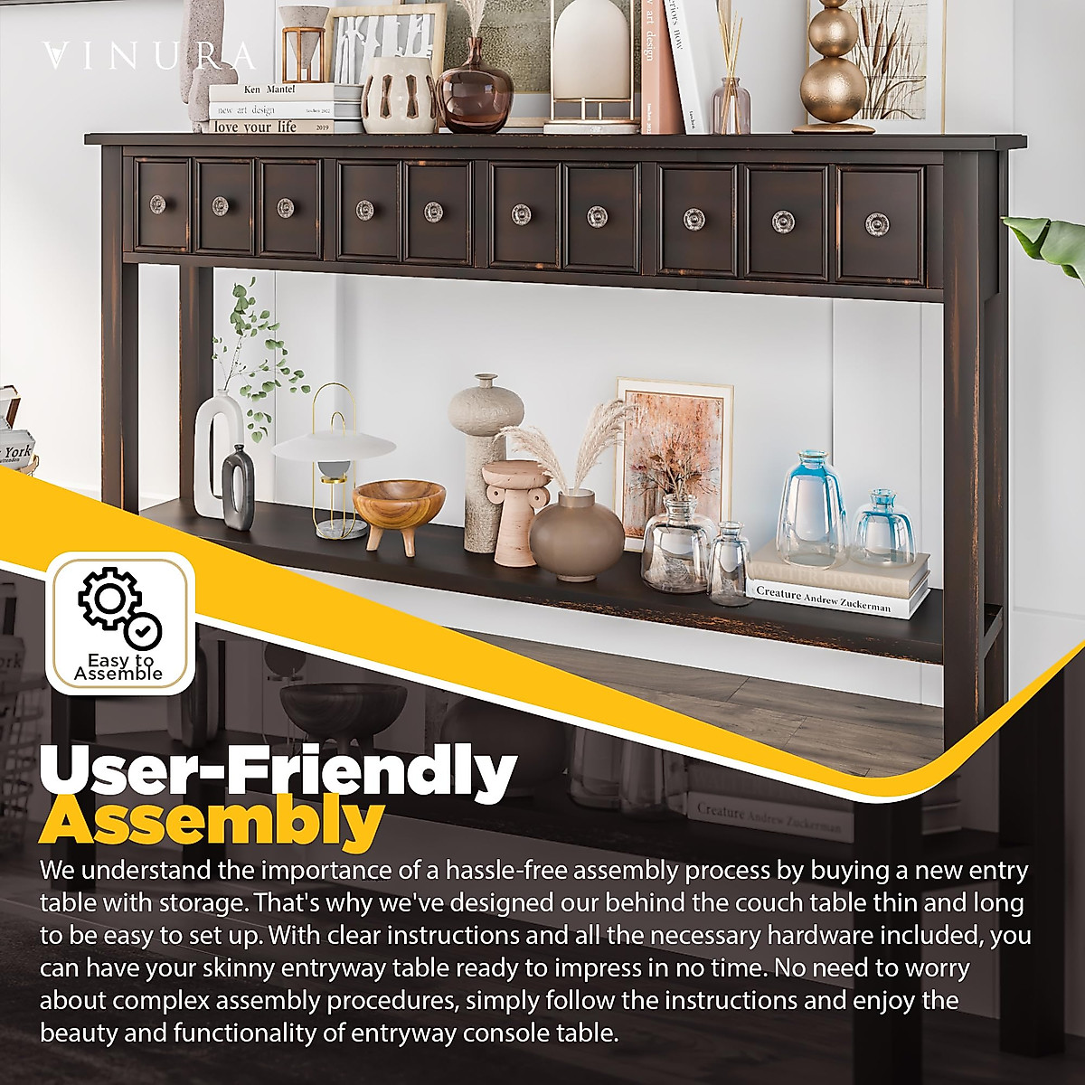 Venera Console Tables for Living Room - Solid Wood Black 60” Entryway Table with Storage - Behind Couch Table Skinny & Two Drawers - Environmental-Friendly Entry Way Table Home Furniture