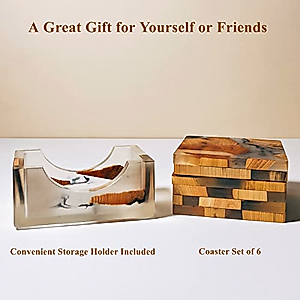 Drawwind Coasters with Holder, Wood Coaster Set of 6, Epoxy Coaster, Coffee Table Décor & Accessories,Best Housewarming Gifts for New Home and Kitchen