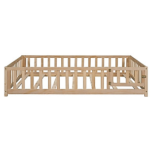 Bellemave Floor Bed Full Size Montessori Bed Frame with Fence and Door, Wooden Full Platform Bed for Kids, Boys Girls, Solid Wood Full Bed, No Box Spring Needed,Natural