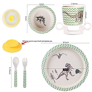 Greentainer 5 PC Kids Toddler Dinnerware Sets Bamboo Toddlers Dishes Set Kids Feeding Plates and Bowls Sets with Sunction and Utensil Flatware Durable & BPA Free