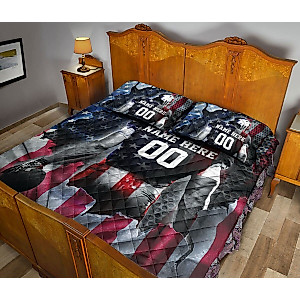 OhaPrints Custom Football Us Flag Gift for Son Boy Personalized Name Number Quilt Blanket & Pillowcases, Quilts Bedding Set & Pillow Cover, King Queen Double Twin Throw Full Size Bedspread Bed Sets