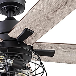 Prominence Home Marshall, 52 Inch Industrial Style LED Ceiling Fan with Light, Pull Chain, Three Mounting Options, Dual Finish Blades, Reversible Motor - Model 51457-01 (Matte Black)
