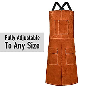 Leather Welding Work Apron,Woodworking Shop Apron,Heat Resistant & Flame Resistant Bib Apron, Flame Retardant Heavy Duty BBQ Apron, Adjustable Fit M-XXXL Men & Women