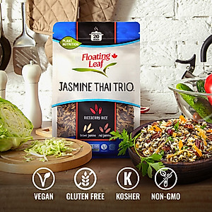 3 Packs x 14 ounces Jasmine Thai Trio, Riceberry Rice (Jasmine Black Rice), Brown Jasmine Rice and Red Jasmine Rice, Non Gluten, Non-Gmo, Kosher and Vegan - Floating Leaf