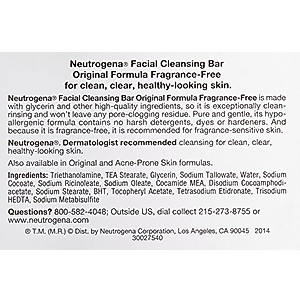 Neutrogena Original Fragrance-Free Facial Cleansing Bar with Glycerin, Pure & Transparent Gentle Face Wash Bar Soap, Free of Harsh Detergents, Dyes & Hardeners, 3.5 oz
