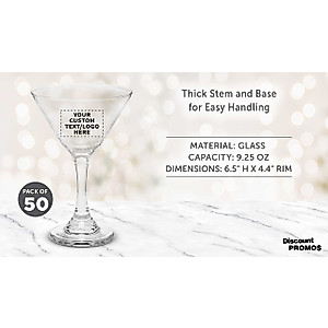 Custom Classic Martini Glasses 9.25 oz. Set of 50, Personalized Bulk Pack - Great for Cocktails, Wedding Favors, Party Favors, Events - Clear