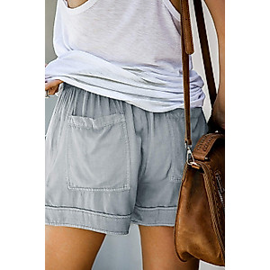 Mosucoirl Women Comfy Drawstring Casual Elastic Waist Pure Color Shorts Summer Beach Lightweight Short Pants with Pockets(A Light Blue,Large)
