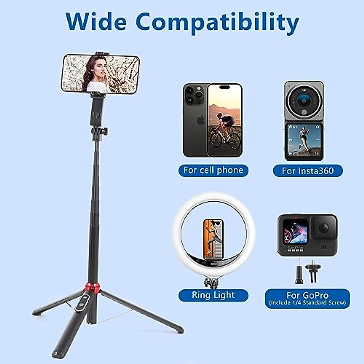 60" Phone Tripod, Selfie Stick Tripod with Remote Extendable All-in-1 Travel Light Phone Tripod Stand, Portable Camera Tripod Compatible with iPhone Android Camera GoPro