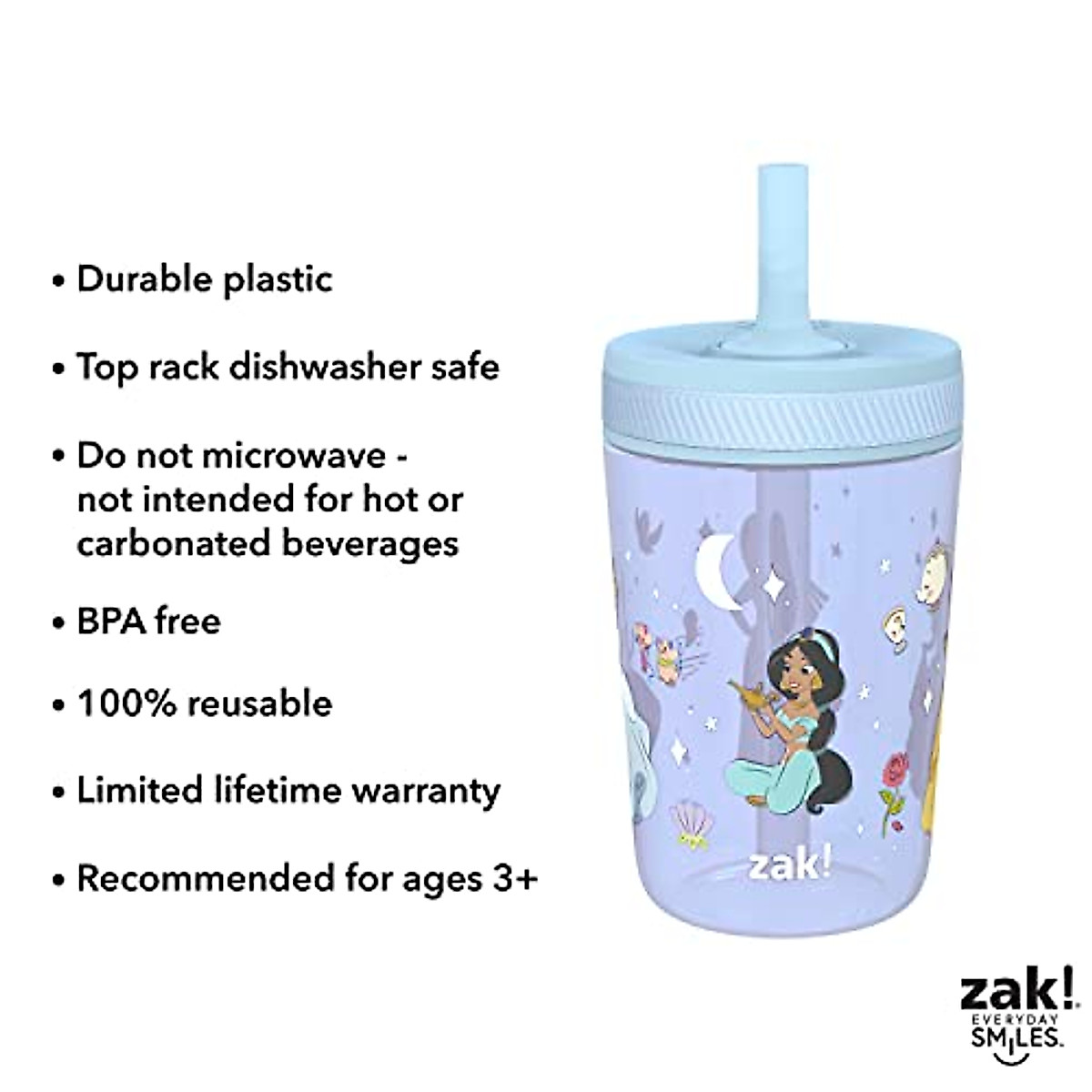 Zak Designs Disney Princess Kelso Toddler Cups For Travel or Home, 15oz 2-Pack Durable Plastic Sippy Cups, Leak-Proof For Kids (Ariel, Aurora, Belle, Cinderella, Jasmine, Mulan, Rapunzel, Tiana)