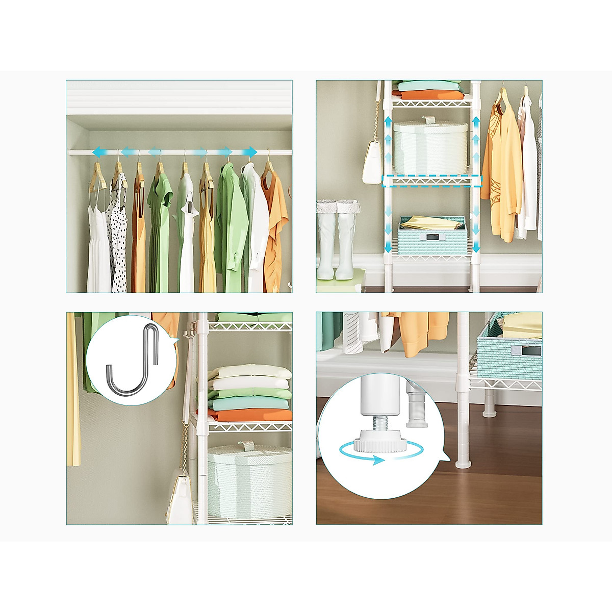 Ulif M1 Closet Storage Organizer System, 6 Tiers Heavy Duty Metal Garment Rack with 3 Expandable Hanger Rods, Wall Mounted Space Saver Suits from 5.4-8.7 ft. Width, 71.2”H x 14”D, 700LBS, White