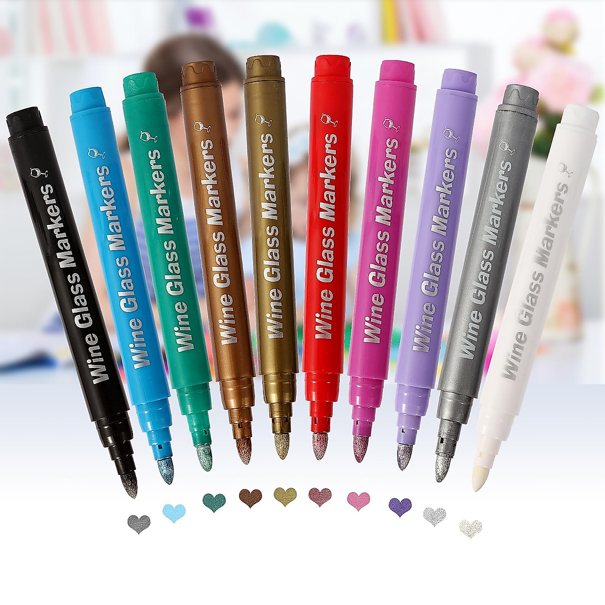 Adanluxe Metallic Wine Glass Markers, Set of 10 Food Grade Non-Toxic Window Markers for Glass Washable, Premium Paint Pens Used on Car Window, Mirror, Ceramic, Black Scrapbook, Rock and Wood,Glass Pen