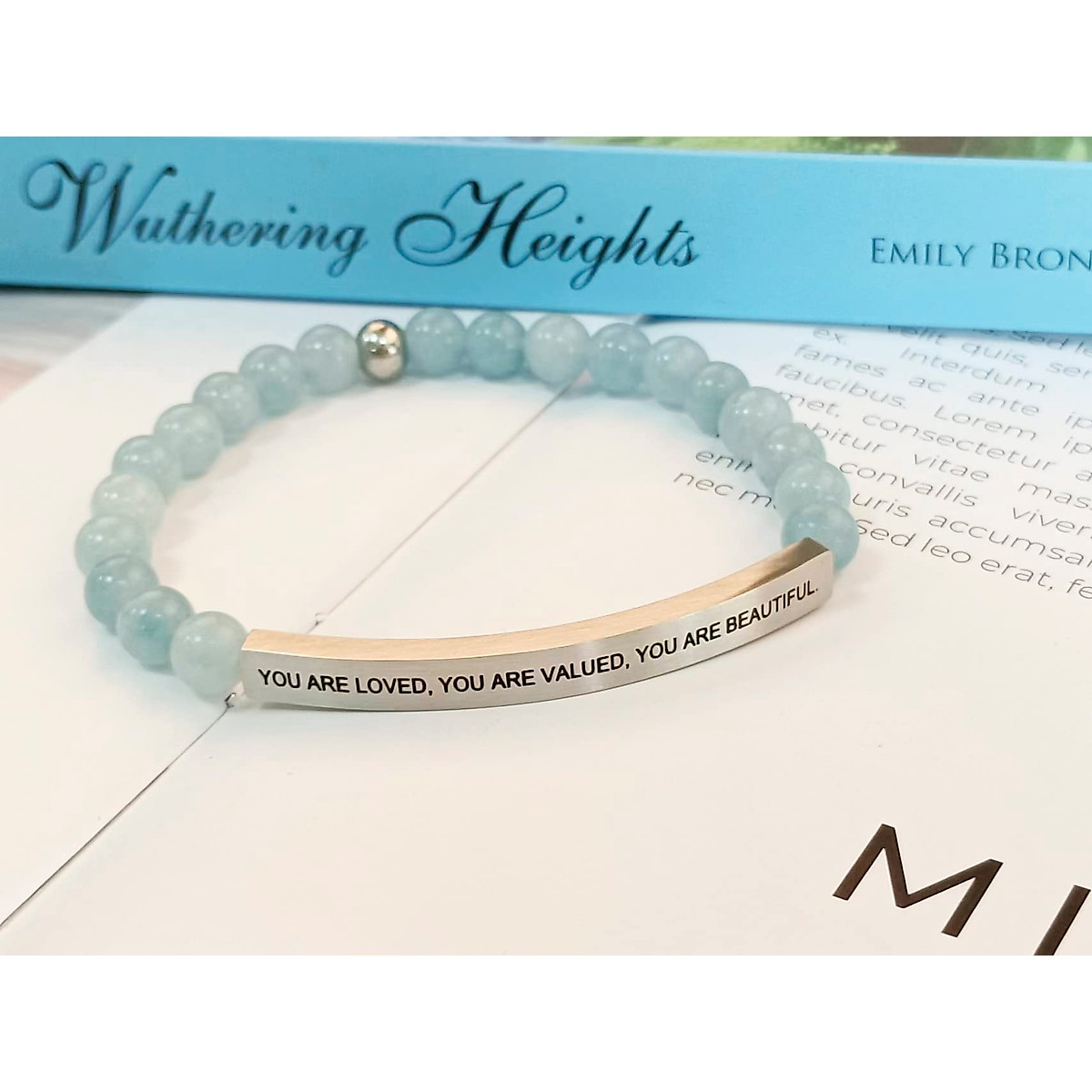 Aquamarine Beads-YOU ARE LOVED YOU ARE VALUED YOU ARE BEAUTIFUL- Faith Motivated Messages Engraved Stainless Steel Bar Beaded Inspirational Bracelets,Gifts for Women Men Girls Boys Mother Daughter Friends,Birthday Present. (silver-Aquamarine-YOU ARE LOVED