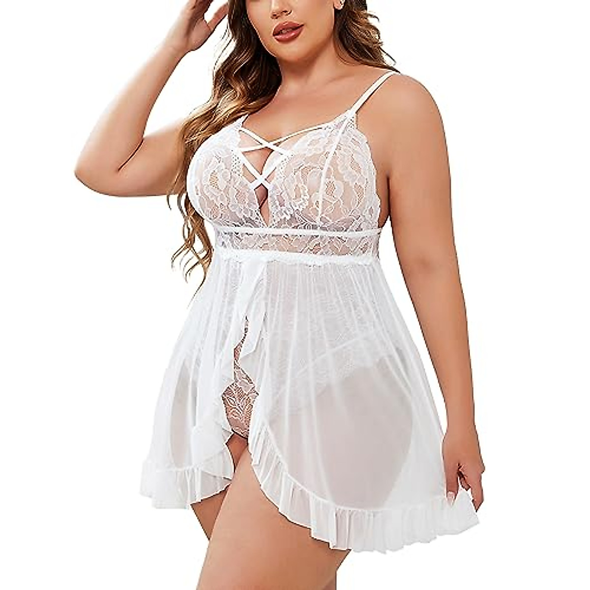 Avidlove Plus Size Lingerie Women Lace Mesh Babydoll Sexy Chemise Curvy Women V Neck Ruffle Nighty(White,XXL)