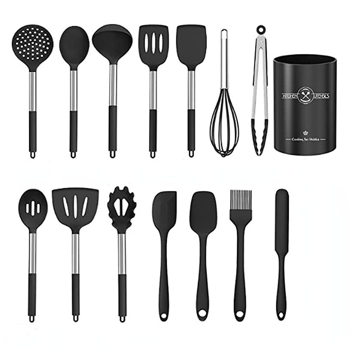 DMFC Kitchen Utensils Set 15 Pieces Kitchenware Supplies Set Silicone Stainless Steel Handle Cooking Nonstick Pot High Temperature Resistant Spatula Spoon Kitchenware. (Black)