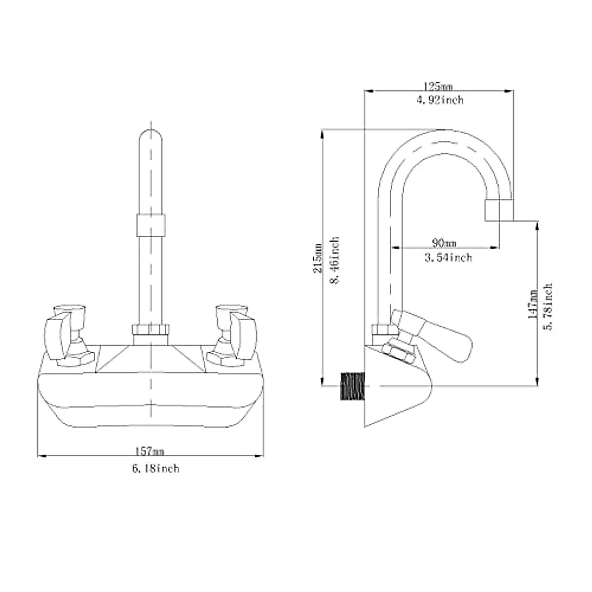 Bathfinesse Kitchen Sink Faucet Wall Mount 4" Center Commercial Kitchen Sink Faucet with 3-1/2" Gooseneck Spout Two Lever Handles Brass Constructed Mixer Tap Chrome Polished