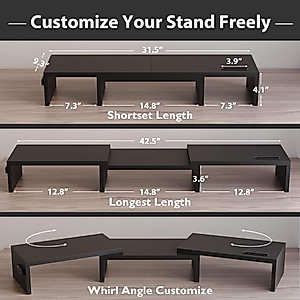 BONTEC Dual Monitor Stand, Adjustable Length & Swivel Angle, Wooden Desktop Organizer, Smartphone Holder, Monitor Riser for 2 Monitors, Desk Stand for Laptop, Printer, Home Office, Black