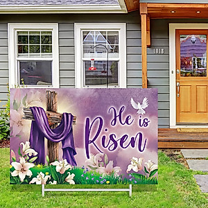 Easter Yard Sign with Metal Stakes Religious Waterproof Lawn Sign Christian Holiday Party Decorations Supplies Outdoor Decoration He Is Risen Party Yardy Sign Lawn Decorations for Garden Yard Props