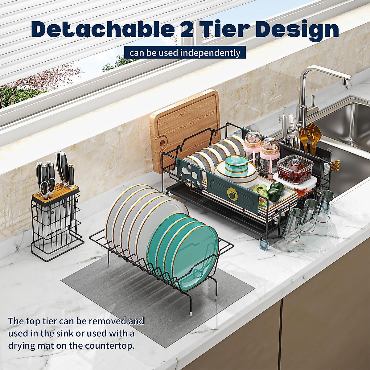 slhsy Dish Drying Rack for Kitchen Counter,Detachable 2 Tier Stainless Steel Dish Strainers with Utensil/Cup/Cutting-Board Holder and Knife Block Rust-Proof Dish Drainer，Black