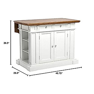 Homestyles Americana Kitchen Island with Wood Top and Drop Leaf Breakfast Bar, Storage with Drawers and Adjustable Shelves, 50 Inch Width, 49.75 inches, White and Oak