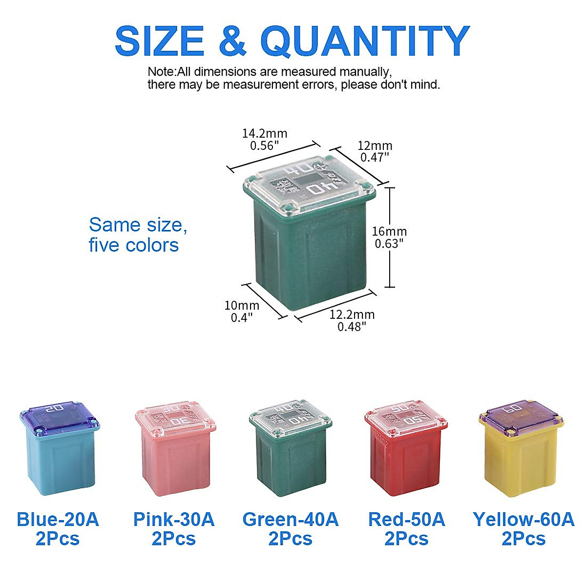 Glarks 10Pcs Automotive Low Profile Box Shaped Mini Fuse 20A 30A 40A 50A 60A Fuse Assortment Kit for Ford, Chevy/GM, Nissan, and Toyota Pickup Trucks, Cars and SUVs