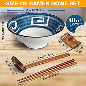 Geiserailie Ceramic Ramen Bowl, 40 oz Japanese Large Noodle Bowls with Spoons, Chopsticks and Chopsticks Stand for Udon, Soba, Pho, Noodles, Ramen, Salad and Soup, Set of 4 (Retro Style)