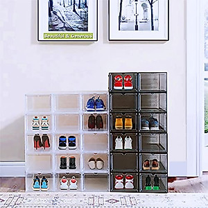 JECCICHY 6 Pack Shoe Organizer for Closet, Shoe Storage Container with Lids, Shoe Box Clear Plastic Stackable, Thick Hard Polypropylene, Drop Front Door, Within US Size 12, Large (Outside Size: 13.54”x 10.63”x 7.48”) (clear)