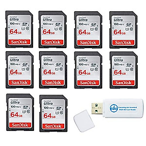SanDisk 64GB SD Ultra Memory Card 10 Pack UHS-I Class 10 (SDSDUNR-064G-GN6IN) Bundle with (1) Everything But Stromboli Combo Card Reader