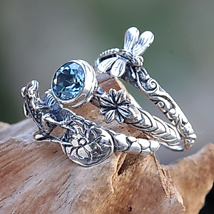 NOVICA Artisan Handmade Blue Topaz Stacking Rings Dragonfly Frog Silver 3 Sterling Indonesia Animal Themed Floral Birthstone Frogdragonfly [crownbezel 0.3 in L x 0.3 in W x 0.2 in H 2 mm W Total Wid]
